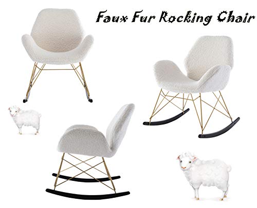 White Rocking Chair Faux Fur Soft Fabric Rocker Chair for Nursery Recliner Lounge Chair Modern Indoor Armchair for Living Room Bedroom