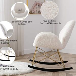 White Rocking Chair Faux Fur Soft Fabric Rocker Chair for Nursery Recliner Lounge Chair Modern Indoor Armchair for Living Room Bedroom