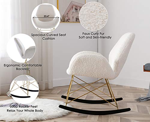 White Rocking Chair Faux Fur Soft Fabric Rocker Chair for Nursery Recliner Lounge Chair Modern Indoor Armchair for Living Room Bedroom