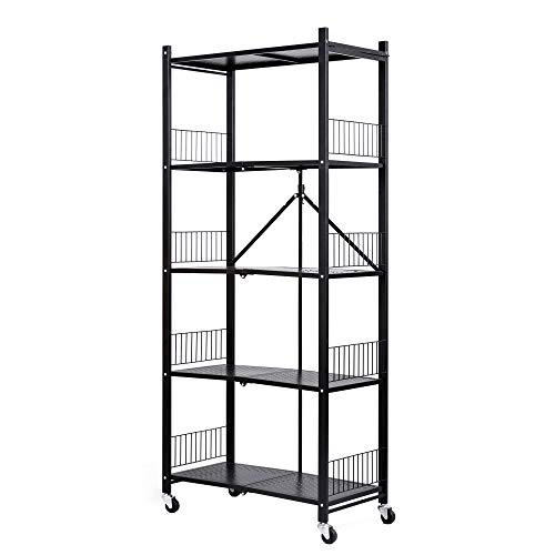 JAQ Foldable Storage Shelves Unit,5-Tier Folding Shelf Rack Organizer Cart with Rolling Wheels for Temporary or Mobile Storage in Garage Kitchen Warehouse Patio Plants Basement ( Black,5-Tier)