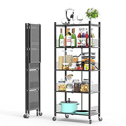 JAQ Foldable Storage Shelves Unit,5-Tier Folding Shelf Rack Organizer Cart with Rolling Wheels for Temporary or Mobile Storage in Garage Kitchen Warehouse Patio Plants Basement ( Black,5-Tier)