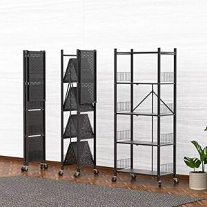 JAQ Foldable Storage Shelves Unit,5-Tier Folding Shelf Rack Organizer Cart with Rolling Wheels for Temporary or Mobile Storage in Garage Kitchen Warehouse Patio Plants Basement ( Black,5-Tier)