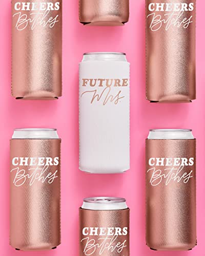 xo, Fetti Bachelorette Party Cheers and Future Mrs Slim Can Cooler - White + Rose Gold, 10 Ct | Drink Sleeve, Bridal Shower Can Holder, Engagement Party Decoration and Bride to Be Gift