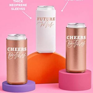 xo, Fetti Bachelorette Party Cheers and Future Mrs Slim Can Cooler - White + Rose Gold, 10 Ct | Drink Sleeve, Bridal Shower Can Holder, Engagement Party Decoration and Bride to Be Gift