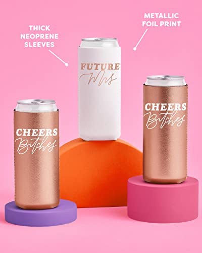 xo, Fetti Bachelorette Party Cheers and Future Mrs Slim Can Cooler - White + Rose Gold, 10 Ct | Drink Sleeve, Bridal Shower Can Holder, Engagement Party Decoration and Bride to Be Gift