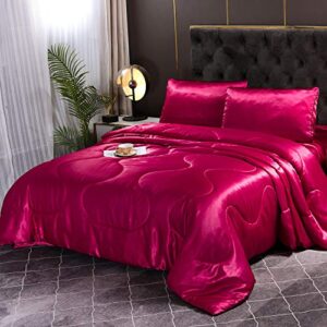 sisher 5pcs silk comforter set queen bedding set red satin silky soft bed in a bag luxury quilt comforter&sheets (1 comforter, 2 pillowcases, 1 flat sheet, 1 fitted sheet)