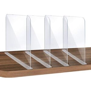 roufa 4pcs clear acrylic shelf dividers, adjustable closet organizer fit for any thickness of shelves, multi-purpose wood shelf separators for bedroom, kitchen, office, bathroom, 11.8''x11''