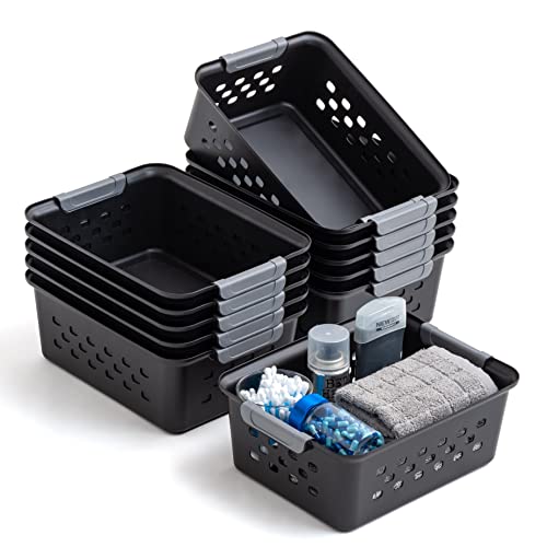 IRIS USA Plastic Storage Basket, 12-Pack, Small, Shelf Basket Organizer for Pantries, Kitchens, Cabinets and Bedrooms Black