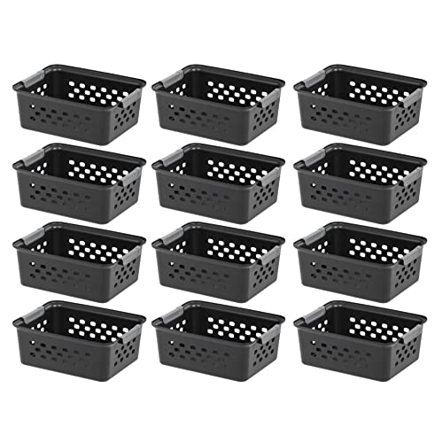 IRIS USA Plastic Storage Basket, 12-Pack, Small, Shelf Basket Organizer for Pantries, Kitchens, Cabinets and Bedrooms Black