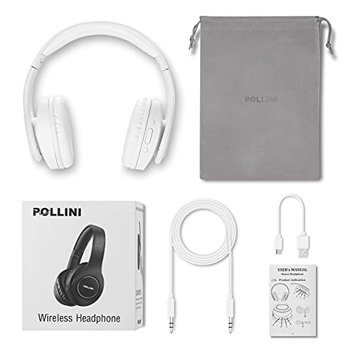 pollini Bluetooth Headphones Wireless, 40H Playtime Foldable Over Ear Headphones with Microphone, Deep Bass Stereo Headset with Soft Memory-Protein Earmuffs for iPhone/Android Cell Phone/PC (White)