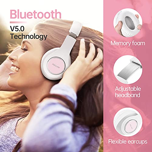 pollini Bluetooth Headphones Wireless, 40H Playtime Foldable Over Ear Headphones with Microphone, Deep Bass Stereo Headset with Soft Memory-Protein Earmuffs for iPhone/Android Cell Phone/PC (White)