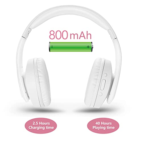 pollini Bluetooth Headphones Wireless, 40H Playtime Foldable Over Ear Headphones with Microphone, Deep Bass Stereo Headset with Soft Memory-Protein Earmuffs for iPhone/Android Cell Phone/PC (White)