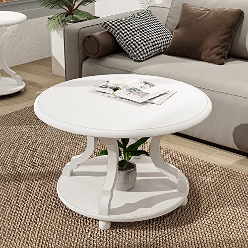 FINECASA Wood Coffee Table,Round Coffee Table Living Room, Round Cocktail Table with Storage, Sofa Table with Shelf, 31.0x18.3 Inches, Accent Tables with Carved Legs for Living Room, White