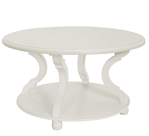 FINECASA Wood Coffee Table,Round Coffee Table Living Room, Round Cocktail Table with Storage, Sofa Table with Shelf, 31.0x18.3 Inches, Accent Tables with Carved Legs for Living Room, White