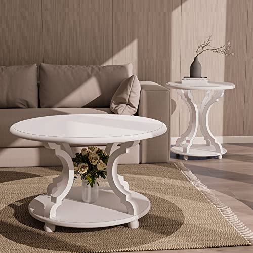 FINECASA Wood Coffee Table,Round Coffee Table Living Room, Round Cocktail Table with Storage, Sofa Table with Shelf, 31.0x18.3 Inches, Accent Tables with Carved Legs for Living Room, White