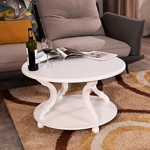 FINECASA Wood Coffee Table,Round Coffee Table Living Room, Round Cocktail Table with Storage, Sofa Table with Shelf, 31.0x18.3 Inches, Accent Tables with Carved Legs for Living Room, White