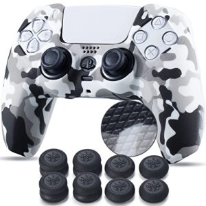 yorha studded printing silicone cover skin case for ps5 dualsense controller x 1(white) with pro thumb grips x 10