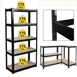 autofather 5 tier garage shelving unit heavy duty steel metal industrial shelves boltless adjustable racking storage shelf mdp boards max 875kg capacity 28”l x 12”d x 59”h (black)