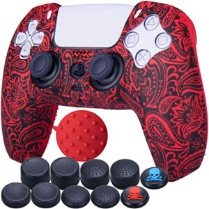 9cdeer 1 piece of silicone transfer print protective cover skin + 10 thumb grips for playstation 5 / ps5 / dualsense controller foliage red