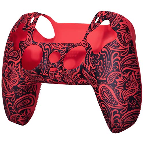 9CDeer 1 Piece of Silicone Transfer Print Protective Cover Skin + 10 Thumb Grips for Playstation 5 / PS5 / Dualsense Controller Foliage Red