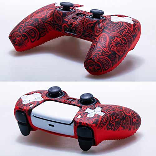 9CDeer 1 Piece of Silicone Transfer Print Protective Cover Skin + 10 Thumb Grips for Playstation 5 / PS5 / Dualsense Controller Foliage Red