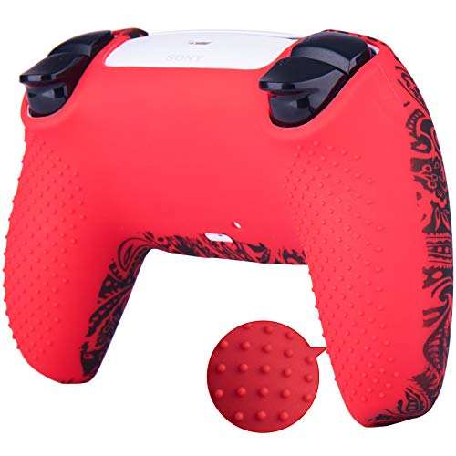 9CDeer 1 Piece of Silicone Transfer Print Protective Cover Skin + 10 Thumb Grips for Playstation 5 / PS5 / Dualsense Controller Foliage Red