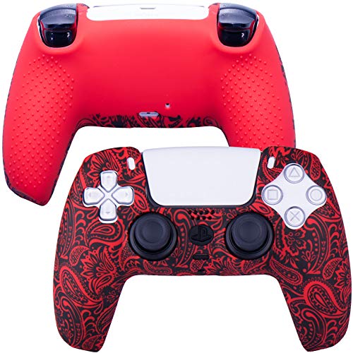 9CDeer 1 Piece of Silicone Transfer Print Protective Cover Skin + 10 Thumb Grips for Playstation 5 / PS5 / Dualsense Controller Foliage Red