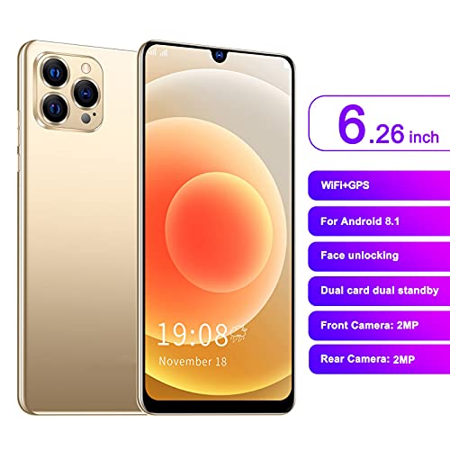 Dilwe1 i12 Pro MAX Unlocked Smartphone, 6.26in HD Bang Screen Mobile Phone, 1+8G Dual Sim Cell Phone with Free 128G Memory Card for Android 10.0 Gold(US)