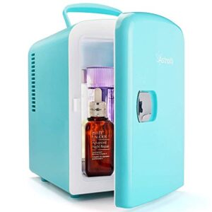 astroai mini fridge 4 liter/6 can ac/dc portable thermoelectric cooler and warmer for skincare, breast milk, foods, medications, bedroom and travel, teal (renewed)