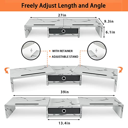 WESTREE Dual Monitor Stand Riser with Drawer-Monitor Stand Riser for 2 Monitors, Adjustable Length and Angle, 2 Phone Hold,Desktop Organizer Stand for Computer/Laptop/PC/Printer