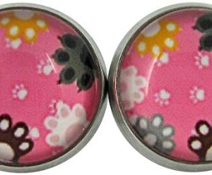 Stainless Steel Pink Cat Paw Print Glass Stud Earrings 12mm