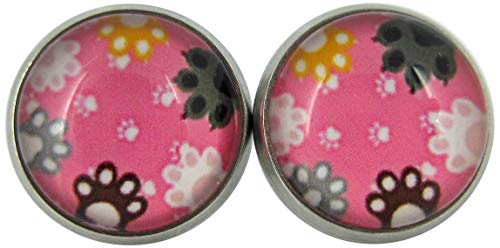 Stainless Steel Pink Cat Paw Print Glass Stud Earrings 12mm