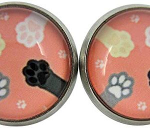 Stainless Steel Peach Cat Paw Print Glass Stud Earrings 12mm