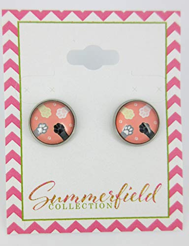 Stainless Steel Peach Cat Paw Print Glass Stud Earrings 12mm