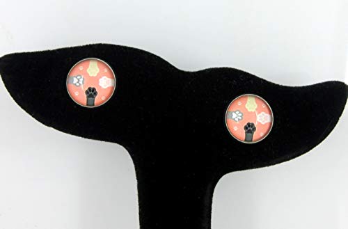 Stainless Steel Peach Cat Paw Print Glass Stud Earrings 12mm