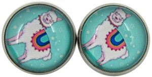 stainless steel llama print glass stud earrings 12mm (teal)