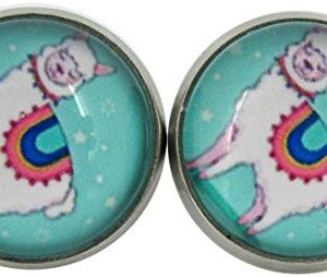 Stainless Steel Llama Print Glass Stud Earrings 12mm (Teal)