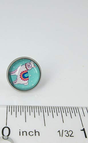 Stainless Steel Llama Print Glass Stud Earrings 12mm (Teal)