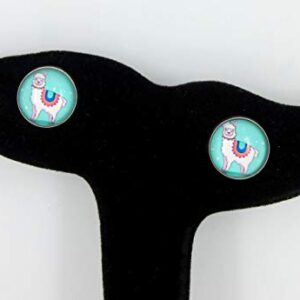 Stainless Steel Llama Print Glass Stud Earrings 12mm (Teal)