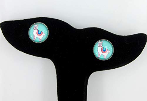 Stainless Steel Llama Print Glass Stud Earrings 12mm (Teal)