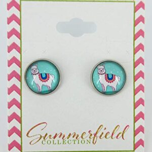 Stainless Steel Llama Print Glass Stud Earrings 12mm (Teal)