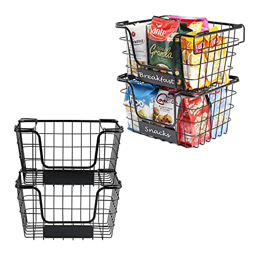 Stackable Wire Baskets for Pantry Storage and Organization Produce Basket with Handles Freezer Metal Baskets for Kitchen Cabinets, Pantry, Closets, Bathrooms-Black-2Pack