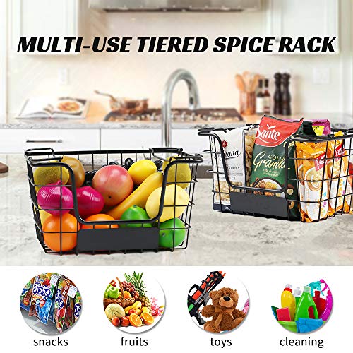 Stackable Wire Baskets for Pantry Storage and Organization Produce Basket with Handles Freezer Metal Baskets for Kitchen Cabinets, Pantry, Closets, Bathrooms-Black-2Pack