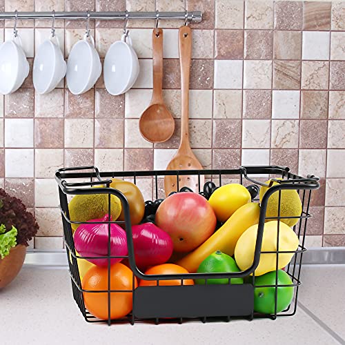 Stackable Wire Baskets for Pantry Storage and Organization Produce Basket with Handles Freezer Metal Baskets for Kitchen Cabinets, Pantry, Closets, Bathrooms-Black-2Pack