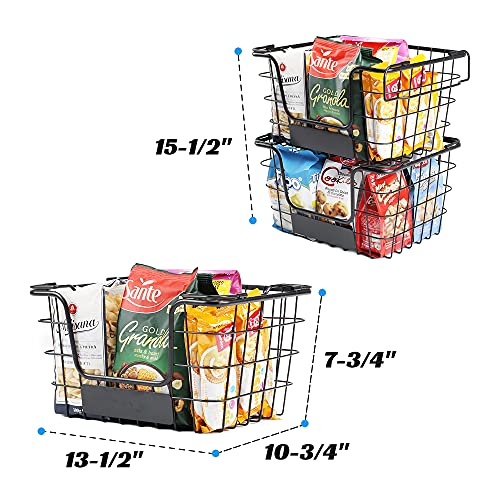 Stackable Wire Baskets for Pantry Storage and Organization Produce Basket with Handles Freezer Metal Baskets for Kitchen Cabinets, Pantry, Closets, Bathrooms-Black-2Pack