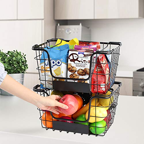 Stackable Wire Baskets for Pantry Storage and Organization Produce Basket with Handles Freezer Metal Baskets for Kitchen Cabinets, Pantry, Closets, Bathrooms-Black-2Pack