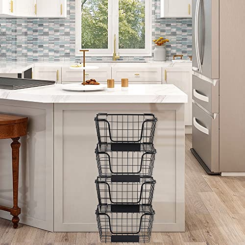 Stackable Wire Baskets for Pantry Storage and Organization Produce Basket with Handles Freezer Metal Baskets for Kitchen Cabinets, Pantry, Closets, Bathrooms-Black-2Pack