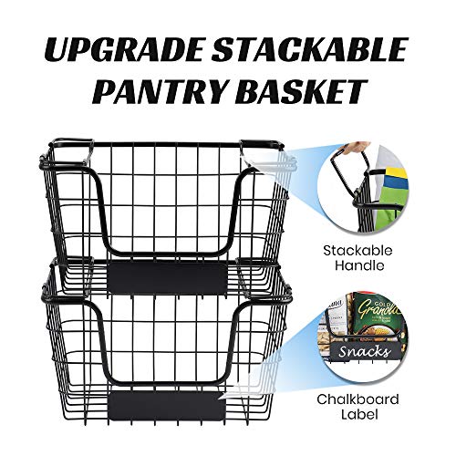 Stackable Wire Baskets for Pantry Storage and Organization Produce Basket with Handles Freezer Metal Baskets for Kitchen Cabinets, Pantry, Closets, Bathrooms-Black-2Pack