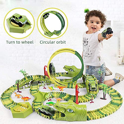 Dinosaur Race Car Track Toys, 400 pcs Create Dinosaur World Road Race, Flexible Tracks with 360 Loop and Auto Turntable Playset, 2 Cars, 2 Dinosaur Head, Gift for Kids Ages 3 4 5 6 Year Old Boys Girls