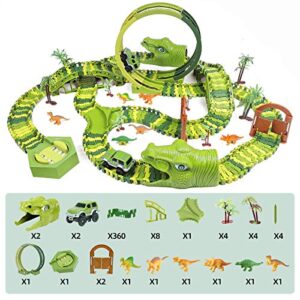 Dinosaur Race Car Track Toys, 400 pcs Create Dinosaur World Road Race, Flexible Tracks with 360 Loop and Auto Turntable Playset, 2 Cars, 2 Dinosaur Head, Gift for Kids Ages 3 4 5 6 Year Old Boys Girls